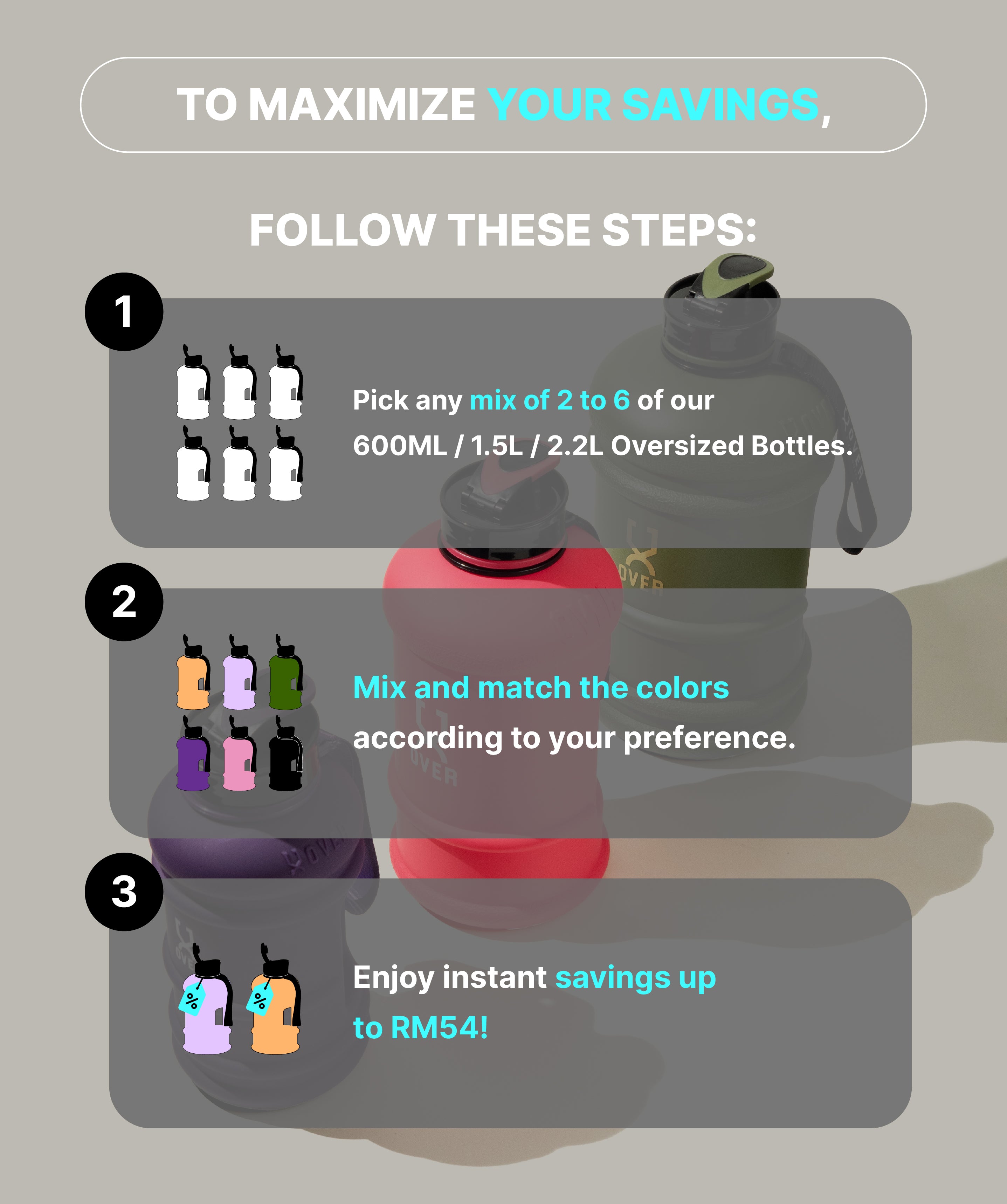 2.2L & 1.5L & 0.6L Oversized Bottle with Flip Cap (Bundle) – OVER